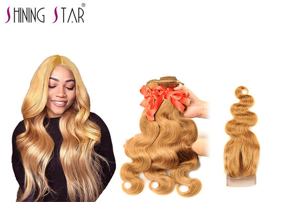 Virgin Body Wave 4 Malaysian Hair Bundles With Closure Color 27 Gold Blonde