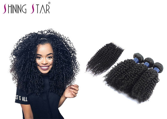 Natural Black Kinky Curly Malaysian Hair Bundles With Lace Closure No Heeding