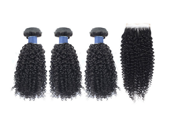 Natural Black Kinky Curly Malaysian Hair Bundles With Lace Closure No Heeding
