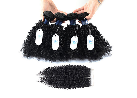 Unprocessed Brazilian Curly Hair 4 Bunldes With Closure Kinky Curly Natural Color