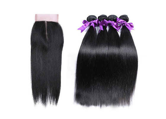 Wave 4 Bundles Straight 100 Virgin Human Hair With Closure 1B Weave Colors