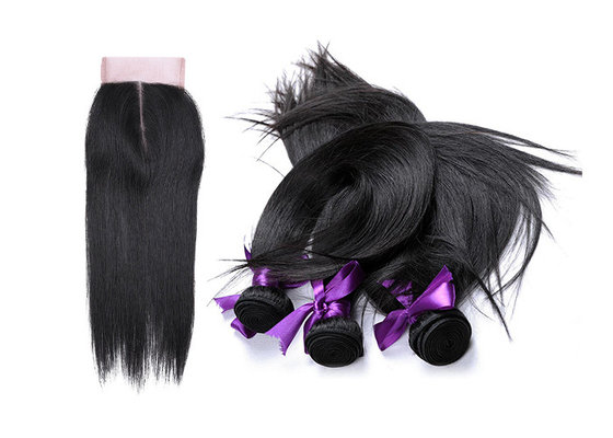 Double Fullness Human Hair 3 Bundles Straight With Closure 1B Long For Women