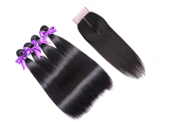 Natural 4Pcs 100 Human Hair Bundles With Closure Straight Of Healthy Hair