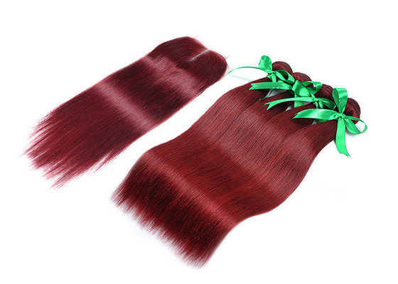 Bulk #99J Red Brazilian Straight Hair 4 Bundles Of Human Hair With Closure