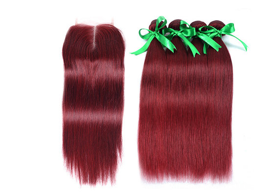 Bulk #99J Red Brazilian Straight Hair 4 Bundles Of Human Hair With Closure