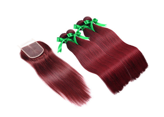 Red Color Indian Hair Straight Bundles With Lace Closure Nice Shine No Tangle