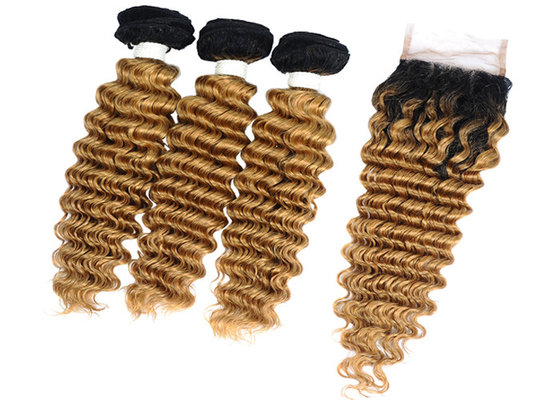 3 Bundles Of Virgin Deep Wave Hair Extensions With Closure 1B27 Light Blonde