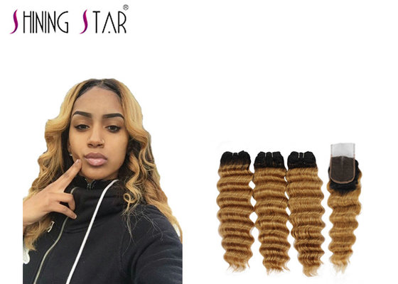 Loose Deep Wave Human Hair Bundle With Closure 3 Pcs Colored #1B27 Hair Bundles