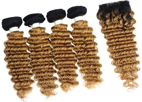 Unprocessed Remy Human Hair Deep Wave 1B27 Ombre Blonde Hair Weave