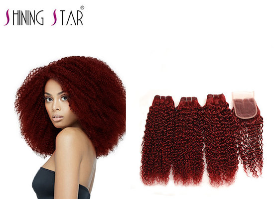 99J Color Brazilian Kinky Curly Hair Weave Human Hair 4 Bundles With Closure