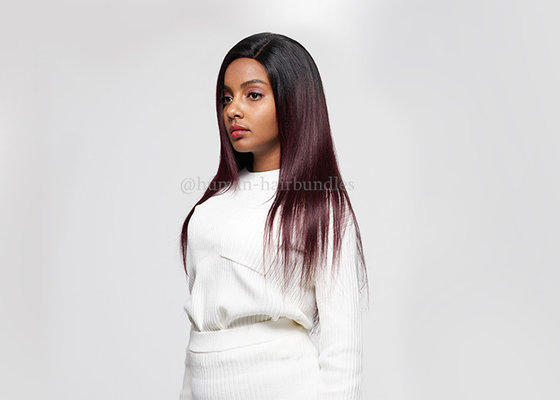 Wine Red Lace Front Human Hair Wigs #1B Burgundy Dark Roots Straight Hair 150% Density