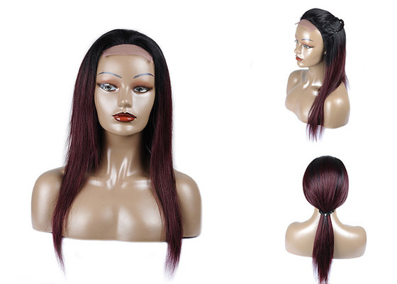 Wine Red Lace Front Human Hair Wigs #1B Burgundy Dark Roots Straight Hair 150% Density