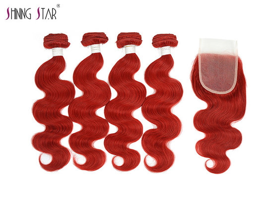 Vivid Red Wet Brazilian Human Hair Bundles With Closure For Women