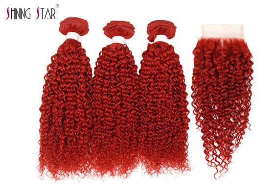 Red Brazilian Kinky Curly Human Hair Bundles Extension With Closure