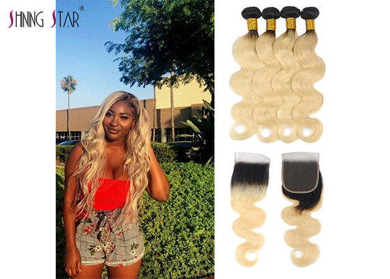 1B 613 Honey Blonde Bundles With Closure Dark Roots Body Wave Colored Bundles