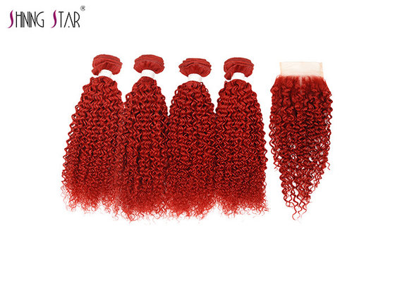 Double Weft Red Kinky Curly Hair Weave Bundles With Closure Bundles 100% Human Hair