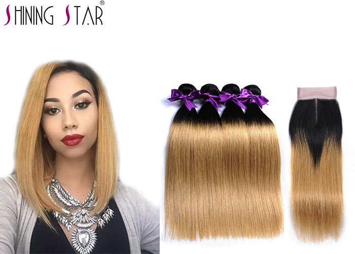 Brazilian Weave Bundlles 4Pcs Ombre Blonde Straight Human Hair With Closure Color 1B27 Hair Weave​