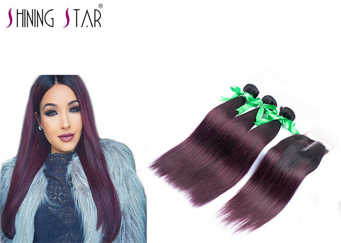 Ombre Burgundy Bundles With Closure Straight 3Pc Brazilian Dark 1B Red Hair Bundles With Closure