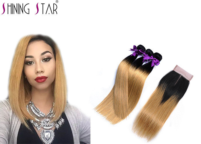 Human Hair Bundlles 3Pcs Ombre Blonde Straight Human Hair With Closure Color 1B27 Hair Weave