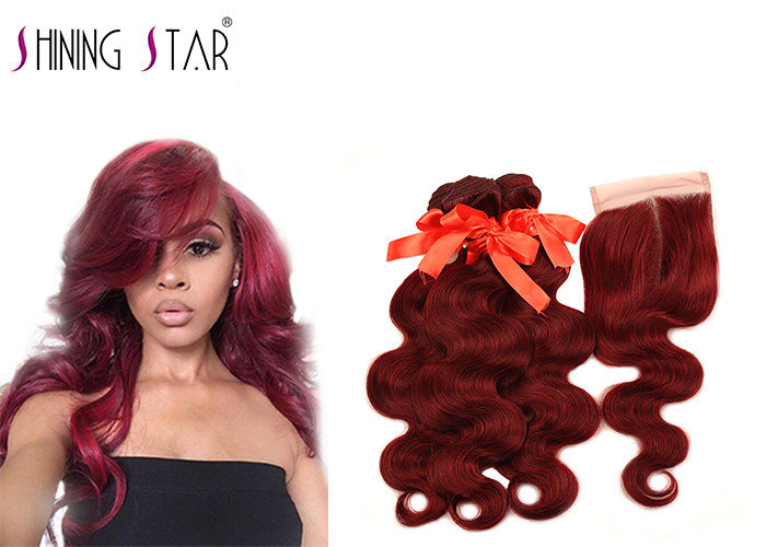 Red Color 8A Real Human Hair Bundles / Nonremy Bundles With Closure