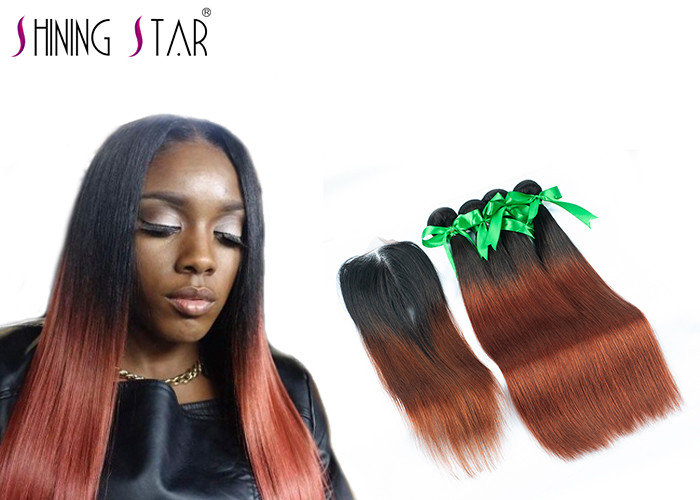 Red Brown Straight Human Hair Bundles With Closure 1B33 4 Bundles Dark Roots
