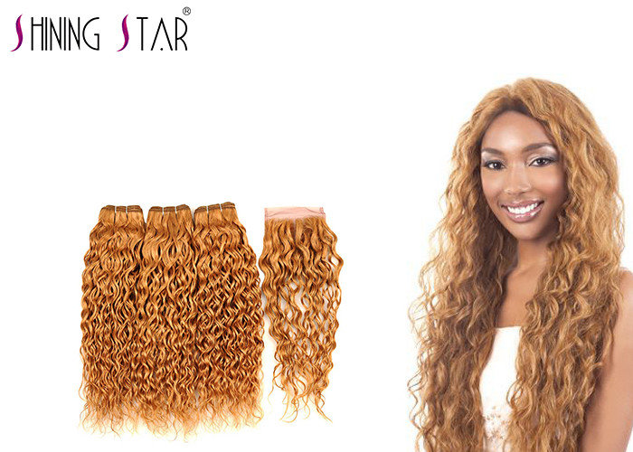 3 Bundles Virgin Water Wave Hair Extensions With Closure Blonde Color 27