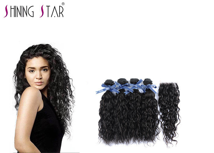 Long Water Wave Bulk Human Hair With Closure , Black Peruvian Water Wave Hair
