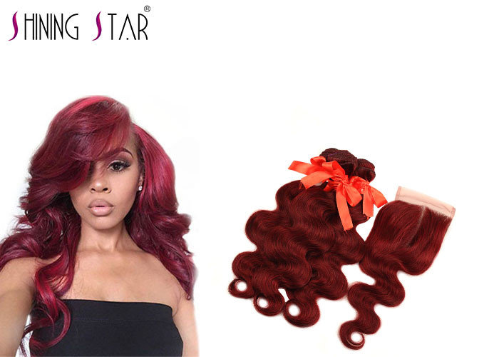 Virgin Human Hair Extensions 99J Burgundy Brazilian Body Wave Hair Bundles With Closure