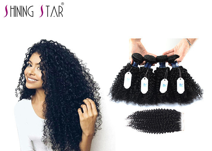 Unprocessed Brazilian Curly Hair 4 Bunldes With Closure Kinky Curly Natural Color
