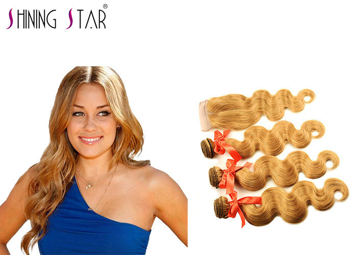Honey Blonde Body Wave Human Hair Weave With Lace Closure Customized Color