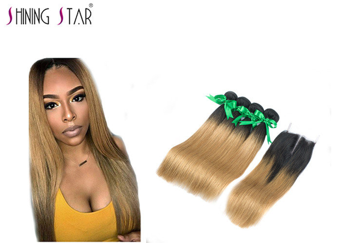 Color #1B27 Human Hair Bundlles 4Pcs Blonde Straight With Closure Hair Weave Ombre