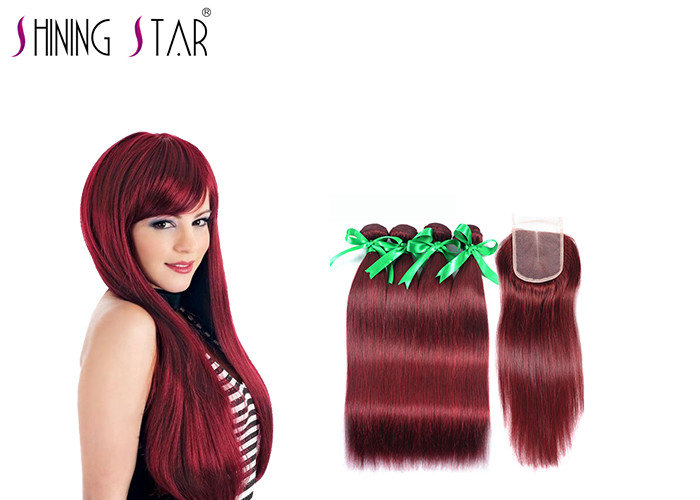 Bulk #99J Red Brazilian Straight Hair 4 Bundles Of Human Hair With Closure