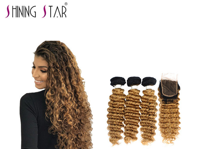 3 Bundles Of Virgin Deep Wave Hair Extensions With Closure 1B27 Light Blonde