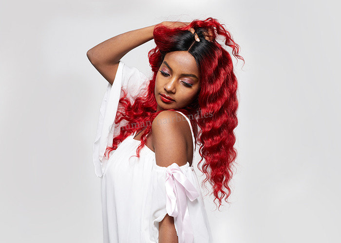 4*4 Lace Closure Lace Front Wigs #1B Red Loose Deep Wave Human Hair For Black Women