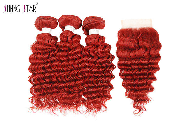 Deep Wave Human Hair Bundles With Closure 99J Curly Weave Red Color
