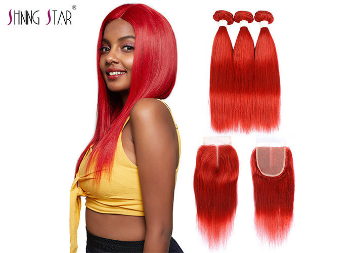 99J Red Colored Bundles With Closure Brazilian Human Hair Weave 10" - 26"