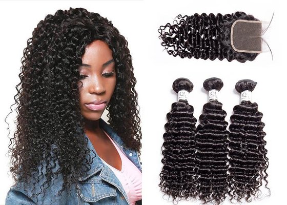 Unprocessed Brazilian Deep Curly Hair Bundles With Lace Closure Can Be Dyed