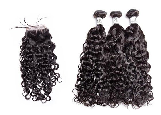 Pacchi dei capelli del nero 3 con chiusura, acqua Wave vergine brasiliana dei capelli della donna