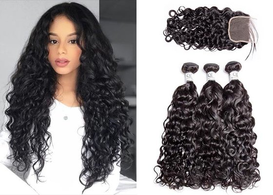 Pacchi dei capelli del nero 3 con chiusura, acqua Wave vergine brasiliana dei capelli della donna