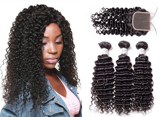 Pacchi profondi vergini comodi dei capelli ricci con la chiusura del pizzo 3 pacchi