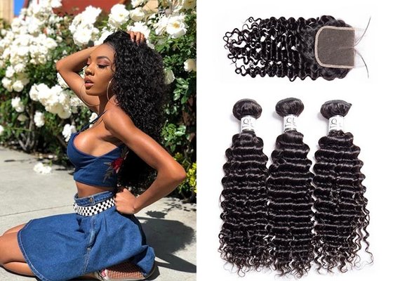Capelli umani brasiliani dei capelli a buon mercato in profondità ricci 3 pacchi con chiusura