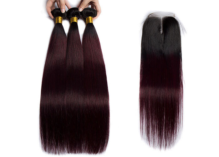 1B / tessuto diritto dei capelli umani di colore 99J 3 pacchi con 4"» chiusura del pizzo X4