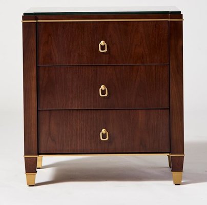 Glass top walnut wood veneer 3 drawers bed side table,night stand for hotel bedroom furniture
