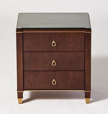 Glass top walnut wood veneer 3 drawers bed side table,night stand for hotel bedroom furniture