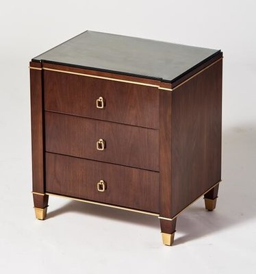 Glass top walnut wood veneer 3 drawers bed side table,night stand for hotel bedroom furniture