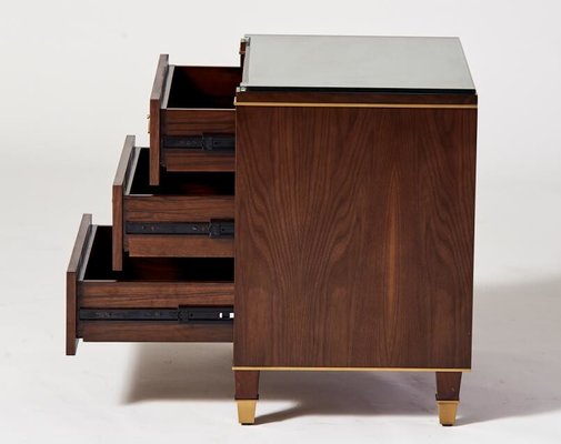 Glass top walnut wood veneer 3 drawers bed side table,night stand for hotel bedroom furniture