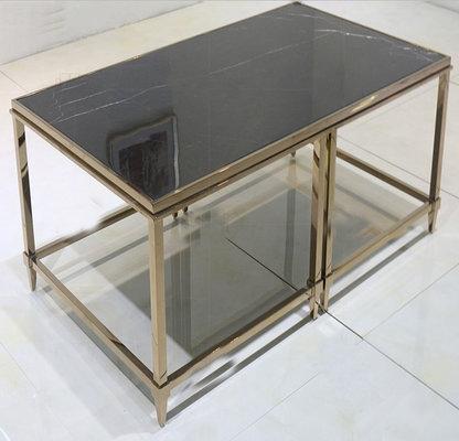 Stone top retangular polished gold finish metal frame coffee table for hotel bedrooom and living room