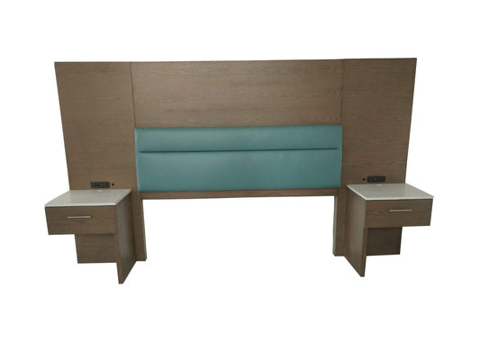 Oak wood veneer with blue vinyl upholstery king headboard with 2 night stands for hotel bedroom furniture,casegoods