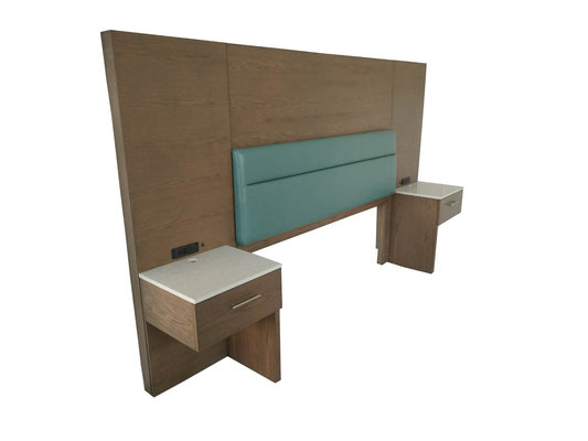 Oak wood veneer with blue vinyl upholstery king headboard with 2 night stands for hotel bedroom furniture,casegoods