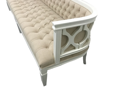 Wholesale Event wedding beige linen fabric sofa tufted upholstery velvet fabric wooden 3-seeater sofa